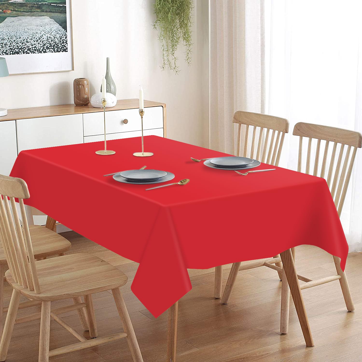 QIKSION 2 Pack Red Plastic Tablecloth Disposable Table Covers Ruby Shine Red Table Cloths for Parties Bridal Shower Birthday Engagement Wedding, Fits 6 to 8 Foot Rectangle Tables (54 × 108 Inch)