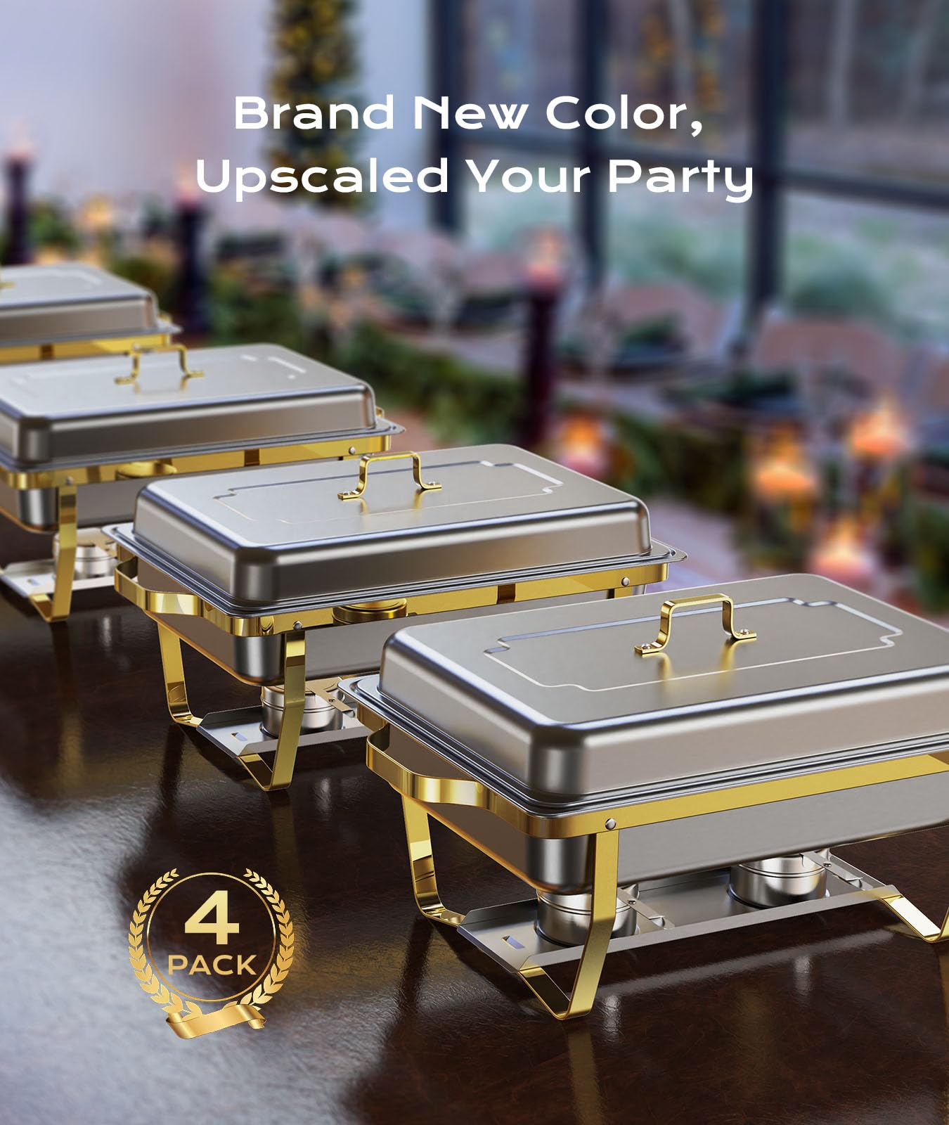 Chafing Dishes for Buffet 4 Pack, 8QT [Elegant Gold and Silver Colors] Stainless Steel Chafing Dish Buffet Set [Sturdy and High Grade] Chafers and Buffet Warmers Sets for Any Party with Complete Set