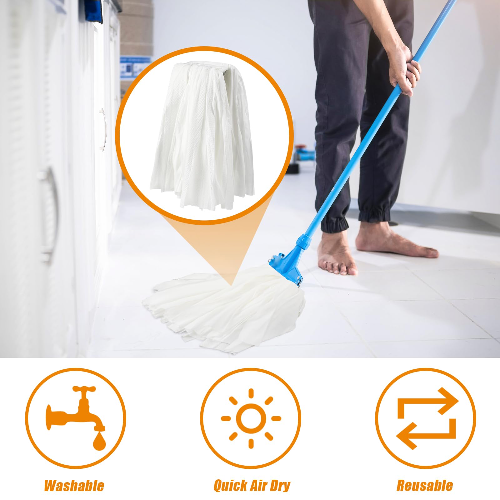 Yoande Disposable Industrial Mop Head Replacement 6 Inch Commercial White Mop Head Refill Lint Free Mop Non Woven Cut End Mop Head for Floor Cleaning Wet Indoor Outdoor Home Industrial Use(12 Pcs)