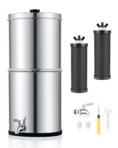 co-z gravity-fed water filter system, 2.25 gallons countertop water filtration system, 304 stainless steel gravity water purifier with 2 carbon filters & water spigot, nsf/ansi 42 certification