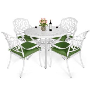 meetwarm 5 piece patio dining set, outdoor all-weather cast aluminum dining table set, patio furniture set for backyard garden deck, include 4 chairs, 4 cushions and 1 round table, white