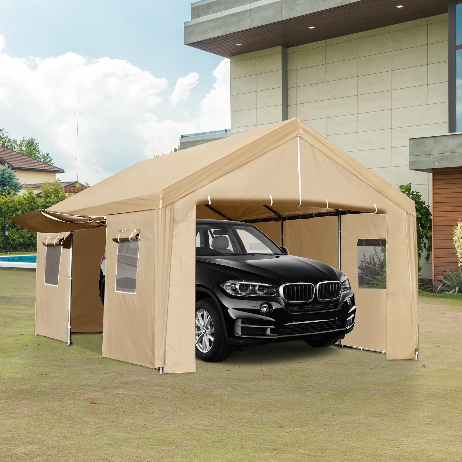 ACONEE Carport 10×20 FT Heavy Duty Car Canopy with Ventilated Windows, Removable Sidewalls & Zipper Doors, Portable Garage Boat Party Tent, Reinforced Triangular Beam, All-Season Tarp for SUV, Truck