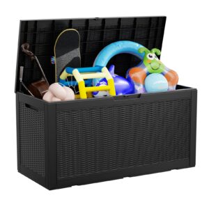 ggyi 100 gallon waterproof outdoor resin deck box with lockable lid, stylish wicker pattern, easy assembly features and convenient handles for cushion, pillows and other patio furniture (black)