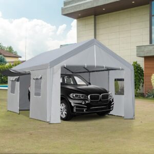 aconee carport 10×20 ft heavy duty car canopy with ventilated windows, removable sidewalls & zipper doors, portable garage boat shelter tent outdoor, waterproof all-season tarp for suv, car, truck