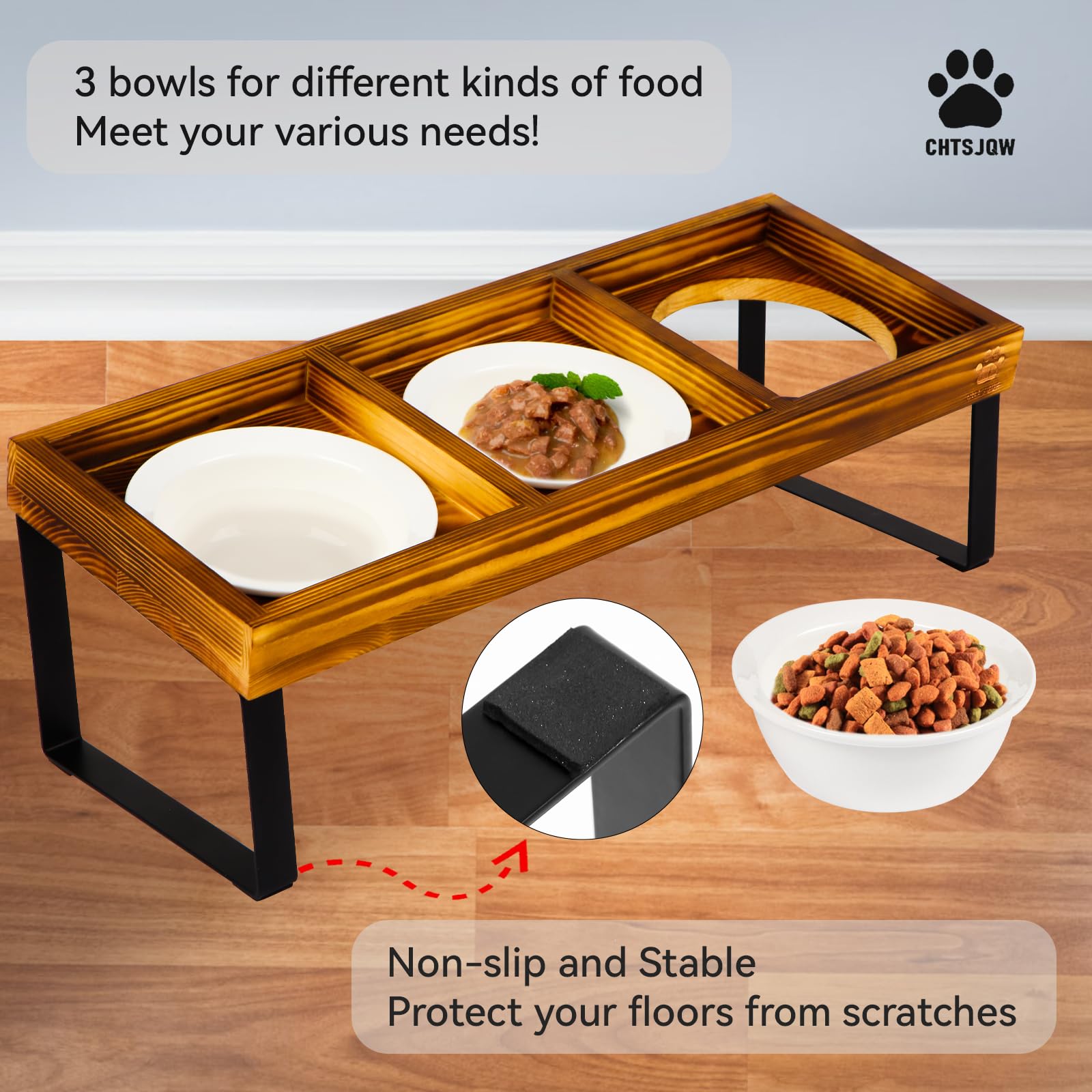 CHTSJQW Elevated Cat Ceramic Bowls, Large DIY 15° Tilted cat Food Bowl Set Raised for Indoor Cats Orthopedic Pet Carbonized Wooden Stand, Anti Vomiting 3 Bowl Cat Feeder Easy to Clean and Fill