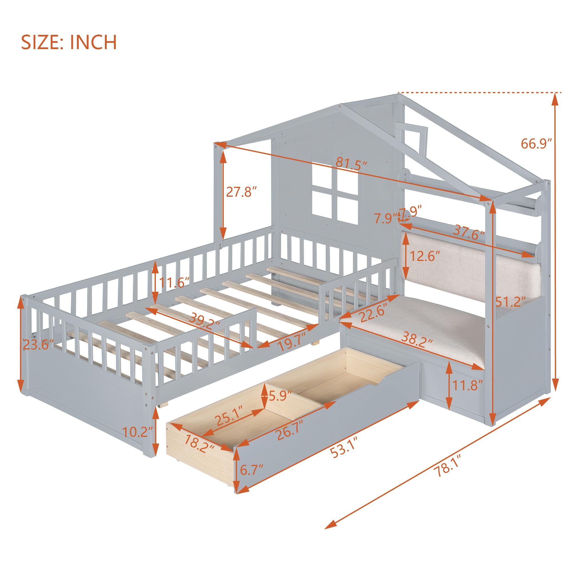 Bellemave Twin Size House Bed with Sofa, Kids Twin Platform Bed with Two Drawers and Storage Shelf, for Girls Boys - Gray