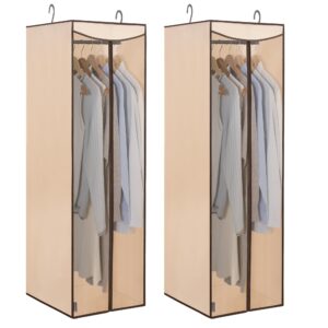 storage maniac 2-pack hanging garment bag zipper cover with sealed clear window, long garment cover for closet storage wardrobe clothes protector, large garment storage bag for dresses,suits, beige