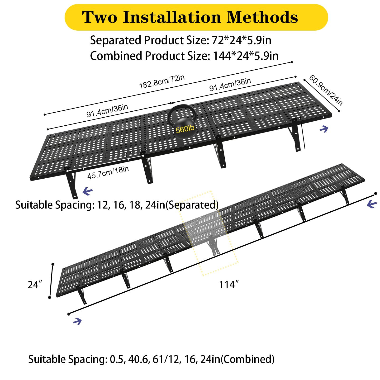 Garage Shelving Wall Mounted, 2-PACK 2x6FT Garage Shelving, 72”x 24”Garage Shelving Wall Mount Organizer, 560 lbs Load Capacity Garage Storage Rack Floating Shelves, with 4 Hooks, 1 Sets, Black