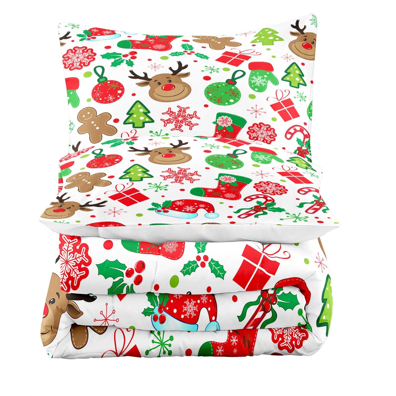 LUVIVIHOME 3PCS Christmas Comforter Set Queen Size, Boys Girls Kids Bedding, Cute Reindeer Snowflake Gingerbread Candy Cane Snowflake Holiday Christmas Bedding, Green Red White Quilt, 2 Pillow Shams