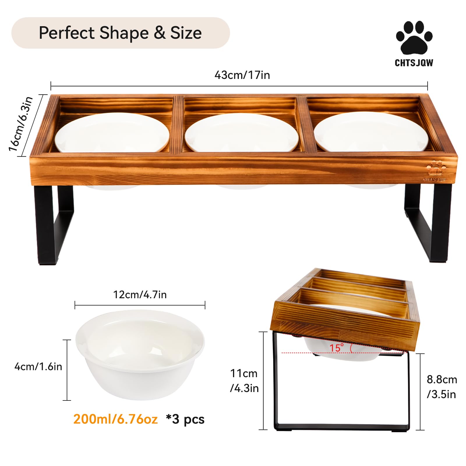 CHTSJQW Elevated Cat Ceramic Bowls, Large DIY 15° Tilted cat Food Bowl Set Raised for Indoor Cats Orthopedic Pet Carbonized Wooden Stand, Anti Vomiting 3 Bowl Cat Feeder Easy to Clean and Fill