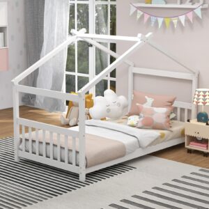 komfott twin wood house bed for kids, low profile floor bed frame with roof, headboard & footboard, tent bed for toddlers, boys & girls, wood montessori bed, no box spring needed (white)