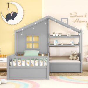 Bellemave Twin Size House Bed with Sofa, Kids Twin Platform Bed with Two Drawers and Storage Shelf, for Girls Boys - Gray