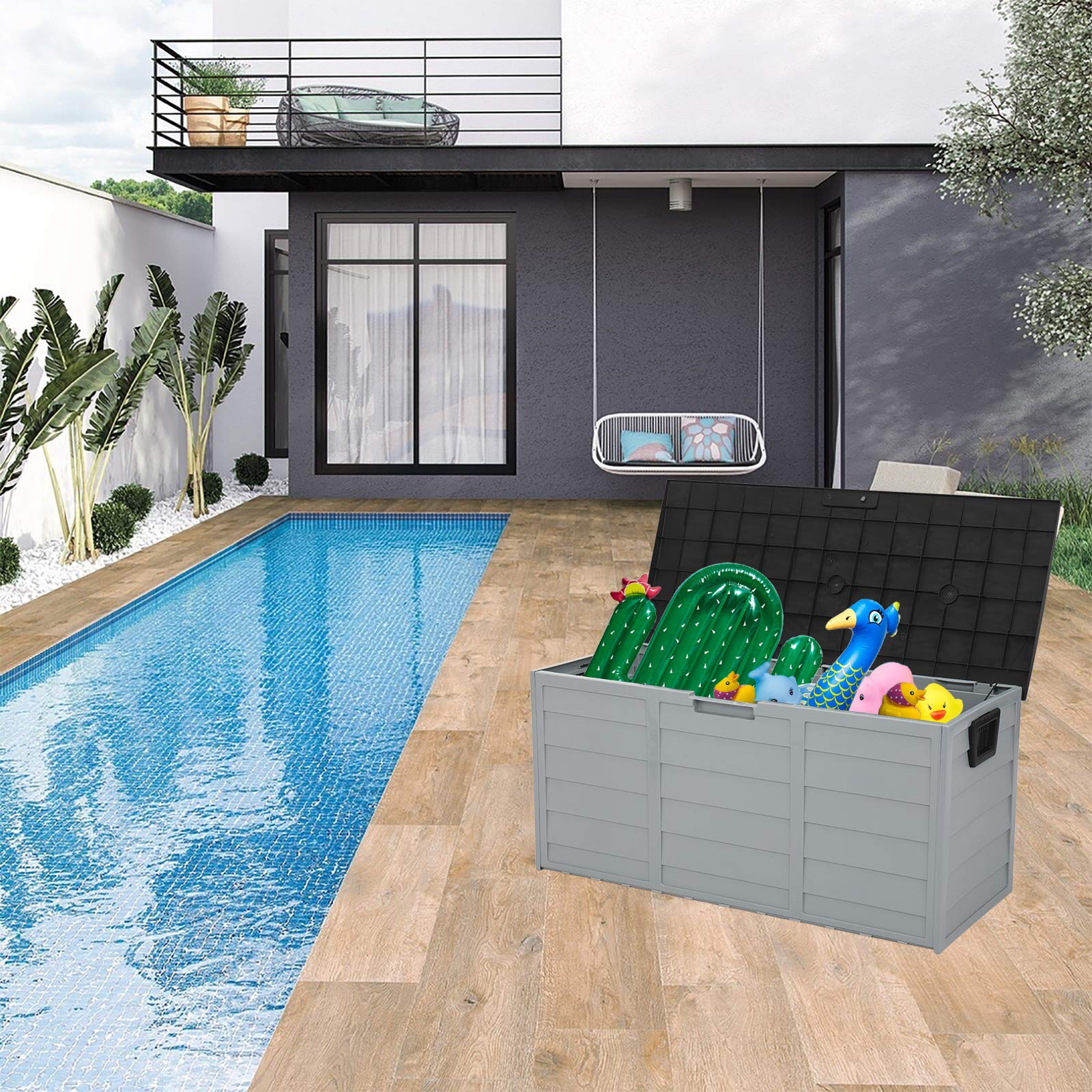 AHUMPALY Outdoor Garden Plastic Storage Deck Box 75gal Weatherproof UV Resistant Tools Cushions Toys Lockable Seat Wheels Polypropylene Resin 260L