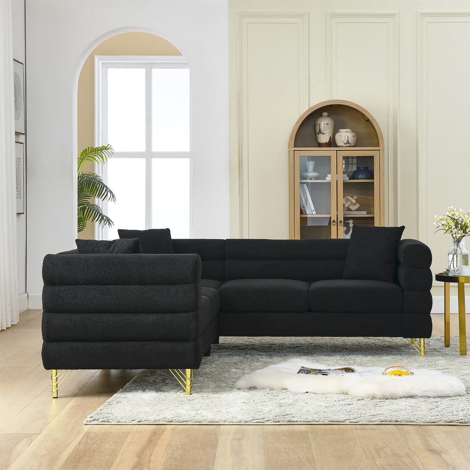 JEEOHEY L Shaped Corner Sofa Couch,Oversize Sofa with 5 Seater,Modern Deep Seat Sofa,Comfy Upholstered Sofa,Teddy Bouclé Cloud Sofa,Furniture for Living Room,Bedroom,Office,Apartment(Black)