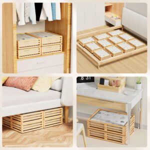 Bamboo Under Bed Storage Containers- Underbed Organizer with Wheels with Large Capacity Dust Bag,Sturdy Wood Rolling Under Bed Shoe Storage Organizer Drawer 2 Packs (Nature, Small)