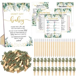 patelai 321 pcs baby shower games supplies, 5 sets (50 cards each) activities cards with 20 pencils 1 don't say baby sign 50 clothespin(greenery)