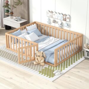 harper & bright designs full size floor bed with safety guardrails and door, wood floor bed frame for girls/boys, full montessori floor bed for kids,natural