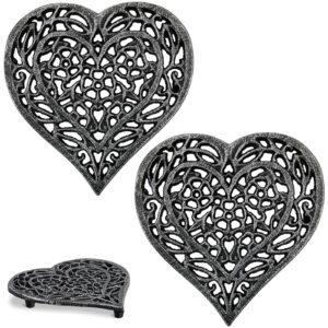 suclain 2 pcs 6.5 inch heart vintage metal cast iron trivet ornate pot pads heavy duty rustic trivet hot dish plate holder for kitchen dining table countertop accessories, black silver