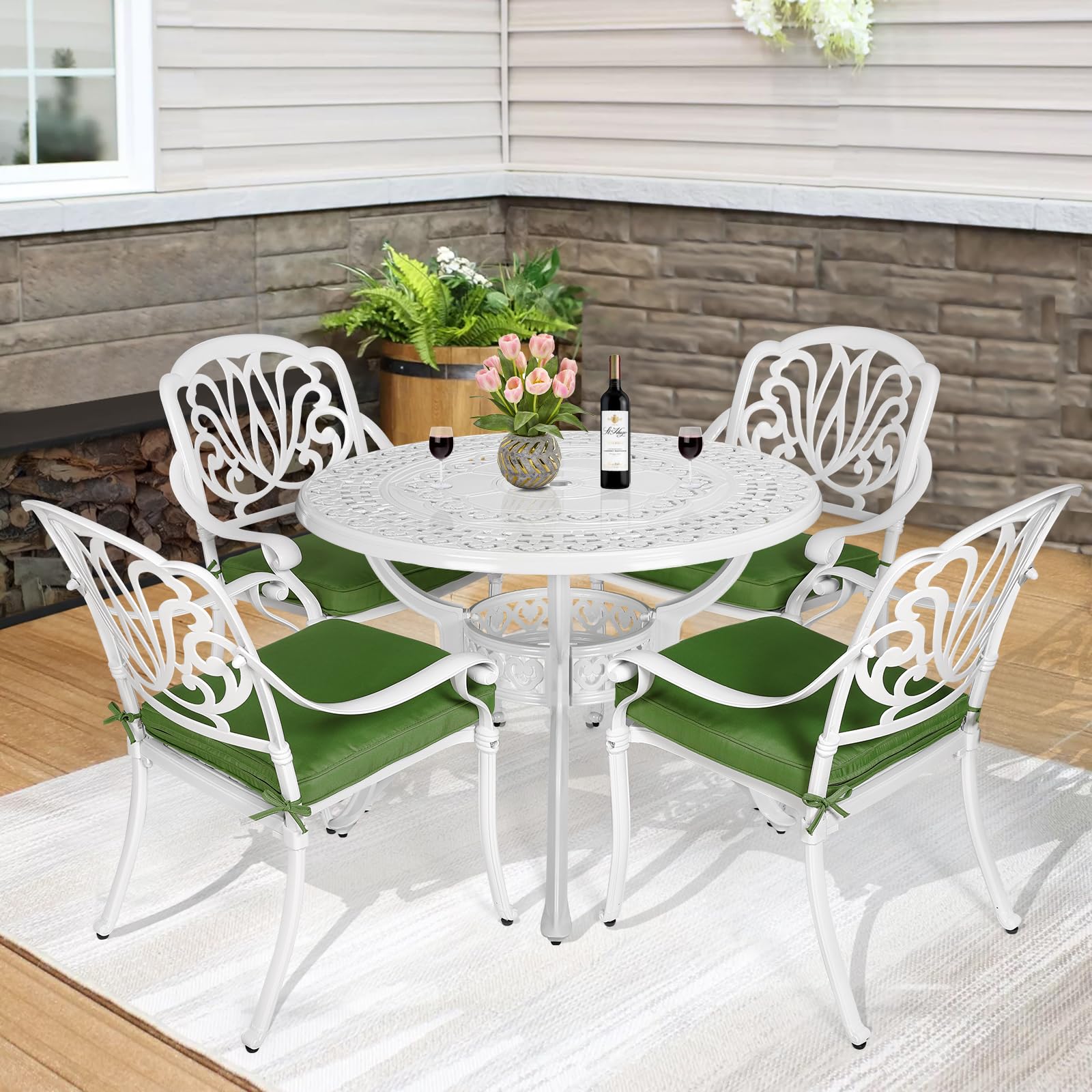 MEETWARM 5 Piece Patio Dining Set, Outdoor All-Weather Cast Aluminum Dining Table Set, Patio Furniture Set for Backyard Garden Deck, Include 4 Chairs, 4 Cushions and 1 Round Table, White