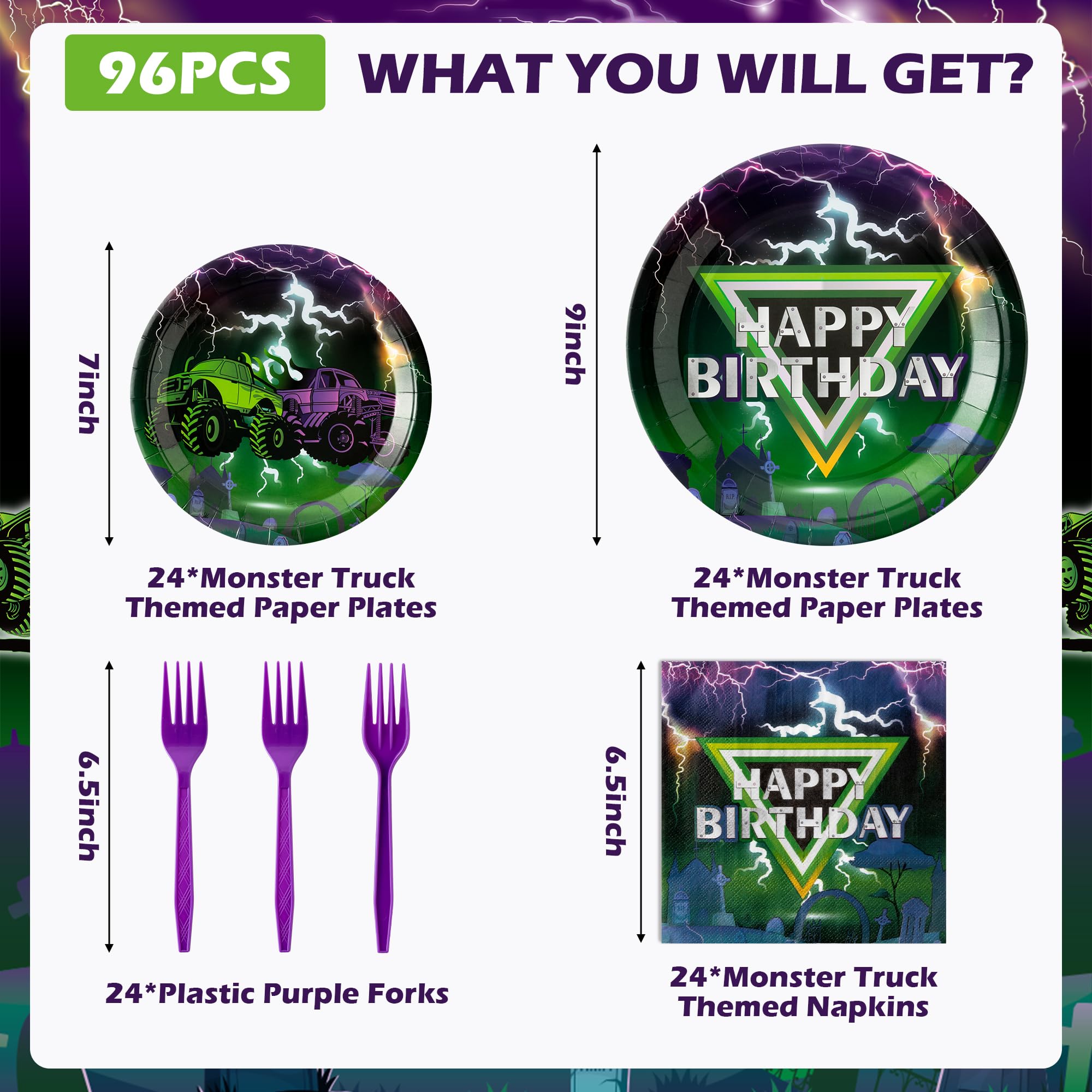 G1ngtar 96Pcs Monster Truck Party Plates Supplies Happy Birthday Green Purple Monster Truck Party Tableware Decorations Disposable Paper Plates Napkins Forks for Kids Birthday Baby Shower, Serves 24