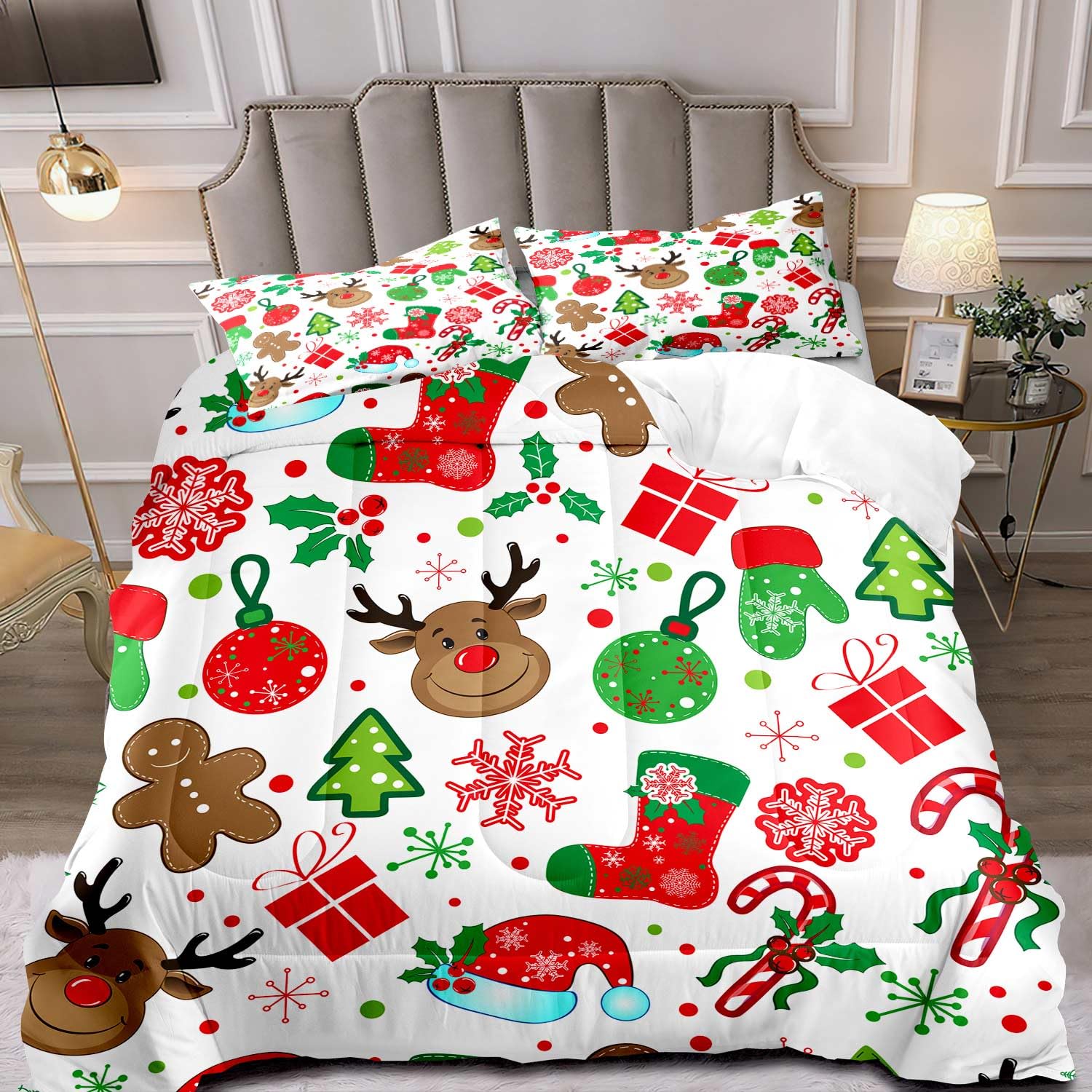 LUVIVIHOME 3PCS Christmas Comforter Set Queen Size, Boys Girls Kids Bedding, Cute Reindeer Snowflake Gingerbread Candy Cane Snowflake Holiday Christmas Bedding, Green Red White Quilt, 2 Pillow Shams