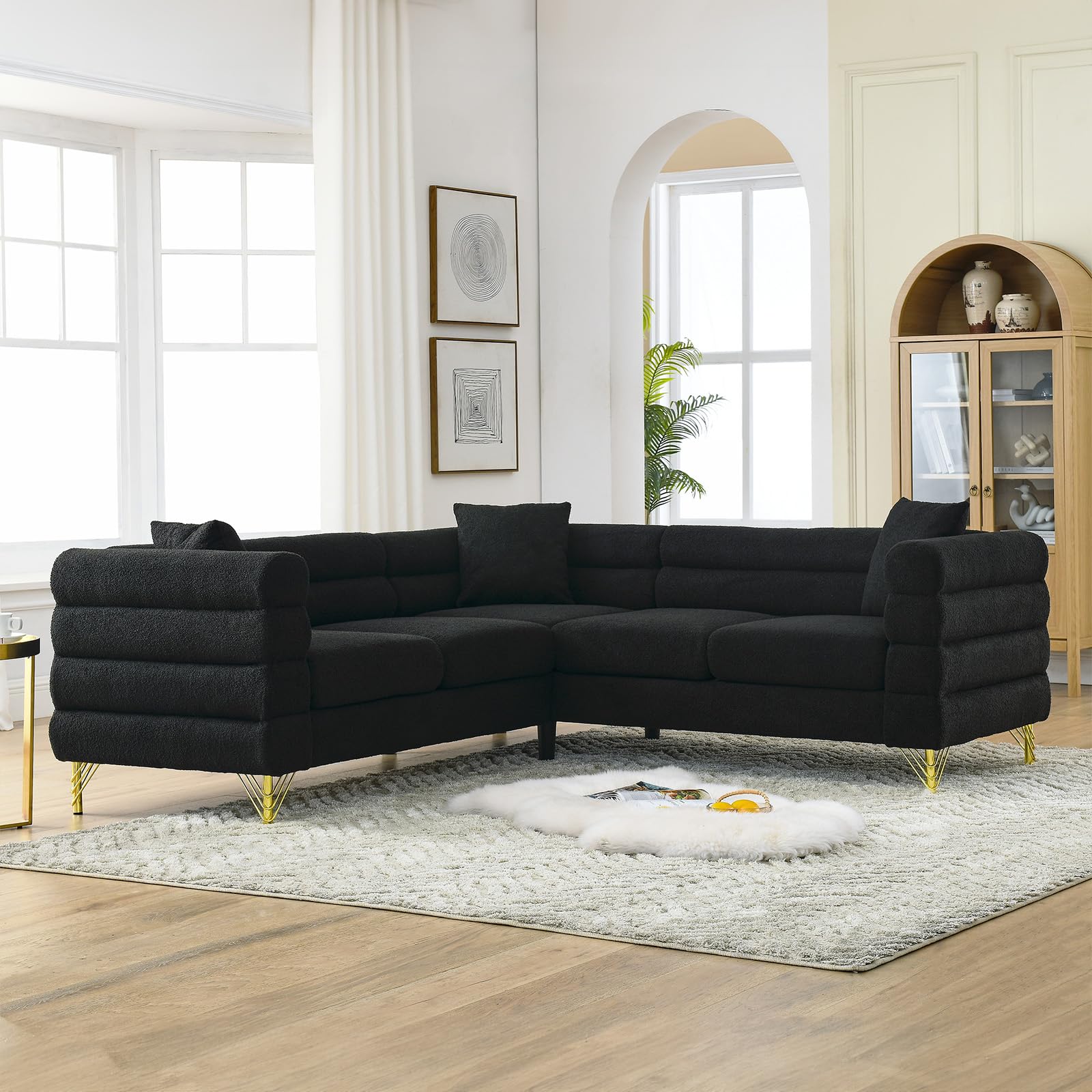 JEEOHEY L Shaped Corner Sofa Couch,Oversize Sofa with 5 Seater,Modern Deep Seat Sofa,Comfy Upholstered Sofa,Teddy Bouclé Cloud Sofa,Furniture for Living Room,Bedroom,Office,Apartment(Black)