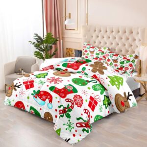 LUVIVIHOME 3PCS Christmas Comforter Set Queen Size, Boys Girls Kids Bedding, Cute Reindeer Snowflake Gingerbread Candy Cane Snowflake Holiday Christmas Bedding, Green Red White Quilt, 2 Pillow Shams