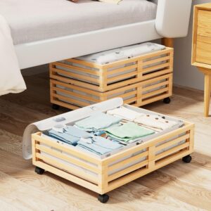 bamboo under bed storage containers- underbed organizer with wheels with large capacity dust bag,sturdy wood rolling under bed shoe storage organizer drawer 2 packs (nature, small)