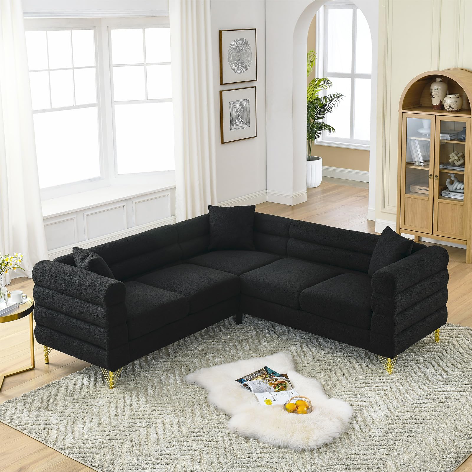 JEEOHEY L Shaped Corner Sofa Couch,Oversize Sofa with 5 Seater,Modern Deep Seat Sofa,Comfy Upholstered Sofa,Teddy Bouclé Cloud Sofa,Furniture for Living Room,Bedroom,Office,Apartment(Black)