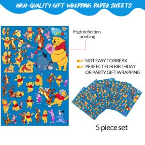 EYQQM Pack of 5 Pooh Gift Wrapping Paper 20" x 30" Kraft Paper Pooh Bear and Tigger Wrapping Paper Sheets Pack for Kids Birthday, Party Storage Festive Decoration (Blue Friends)