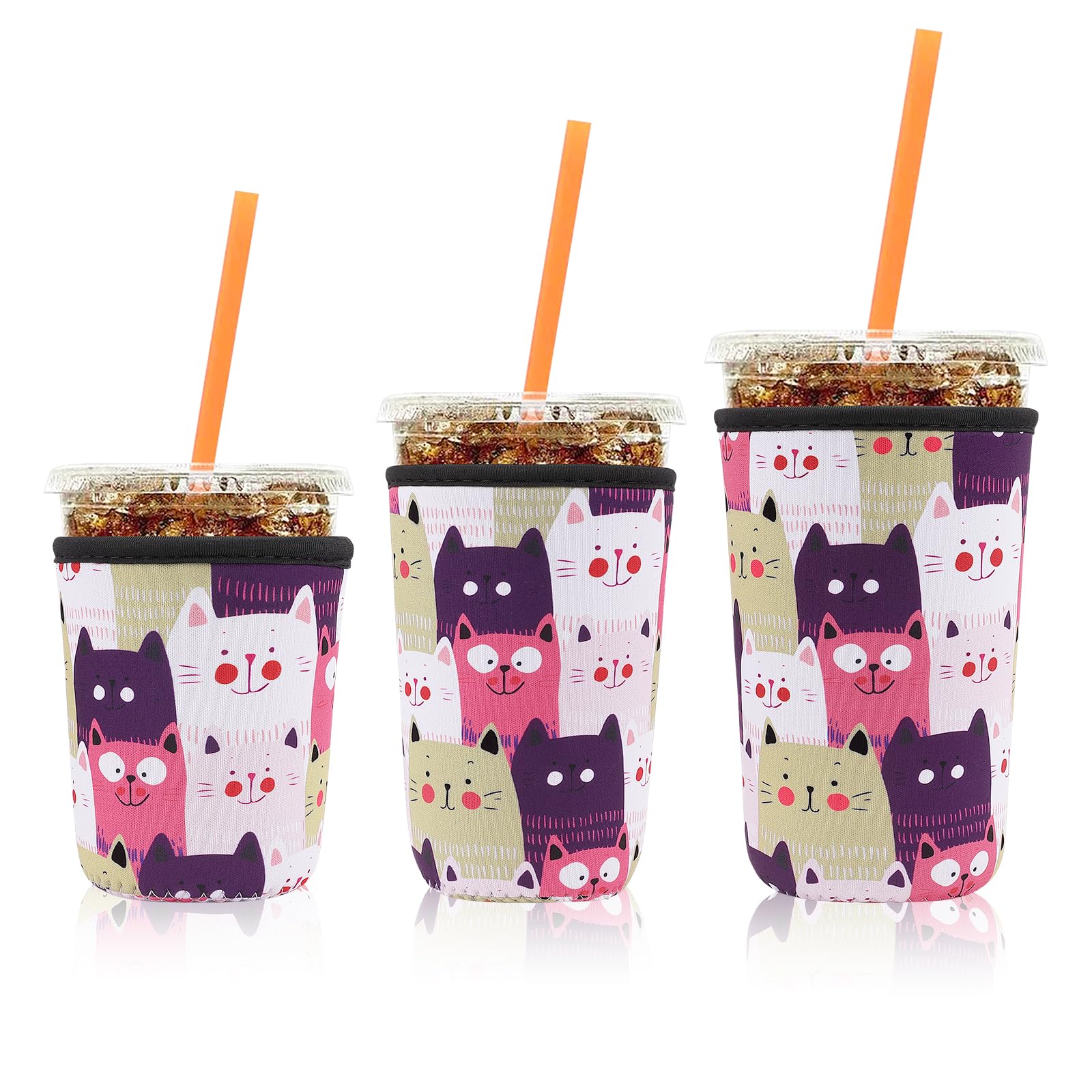 Desing Wish 3 Pack Reusable Iced Coffee Protective Sleeves Cup Insulator Neoprene Coffee Cup Cooler Sleeves Holders for 16-18oz/ 22-24oz/ 30-32oz Cold Drinks - Cats