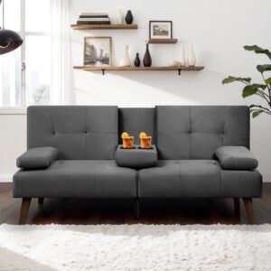 jamfly futon couch sofa bed convertible, small sleeper sofa chair loveseat with cup holder for small spaces, living room, bedroom, gameroom, apartment, dorm (dark gray)