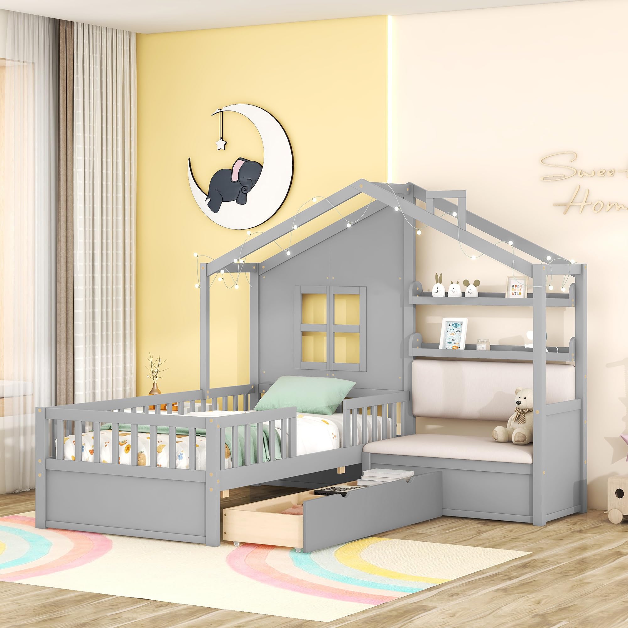 Bellemave Twin Size House Bed with Sofa, Kids Twin Platform Bed with Two Drawers and Storage Shelf, for Girls Boys - Gray