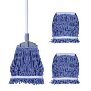 yocada looped-end string wet mop heavy duty cotton mop commercial industrial grade 64.1" long iron pole for cleaning office garage hardwood warehouse factory mall deck with totally 3 mop heads