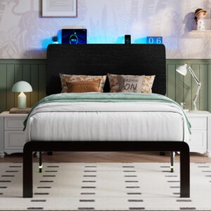 ipormis metal twin bed with ergonomic wooden headboard, platform beds with led lights and charging station, sturdy steel slats supports, no box spring needed, noise-free, easy assembly, black