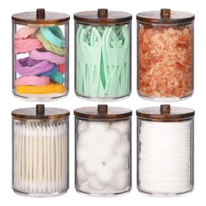 6 pack qtip holder with wood lids - clear restroom bathroom accessories set - 10 oz plastic apothecary jar containers for organizer storage (black)