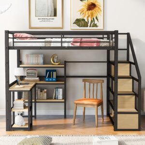 bellemave full loft bed with desk metal loft bed with bookcase, storage staircase and 4-tier shelves, full size loft bed for kids, teens, adults, black