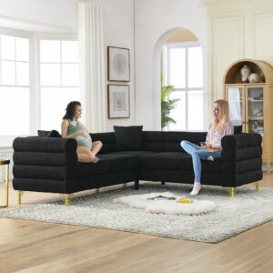 JEEOHEY L Shaped Corner Sofa Couch,Oversize Sofa with 5 Seater,Modern Deep Seat Sofa,Comfy Upholstered Sofa,Teddy Bouclé Cloud Sofa,Furniture for Living Room,Bedroom,Office,Apartment(Black)