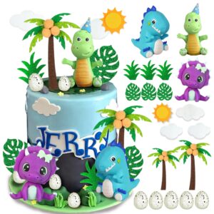 dinosaur cake toppers clay dinosaurs palm leaves dinosaur eggs for boy girl kid birthday baby shower dinosaur theme jungle party supplies (multicolor)