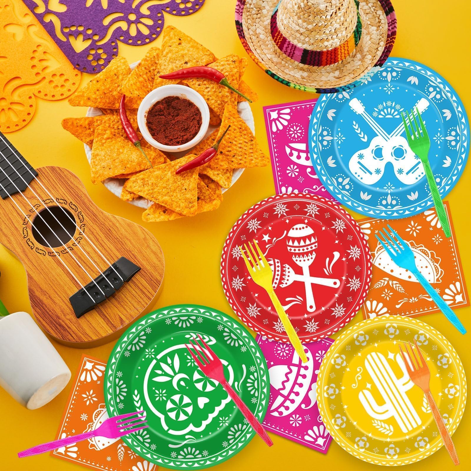 96 Pcs Mexican Fiesta Tableware Cinco De Mayo Party Supplies for 24 Guests Mexican Papel Picado Plates Napkins for Mexican Fiesta Party Decorations Fiesta Taco Birthday Baby Shower Party Favors