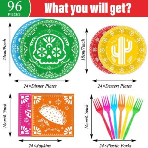 96 Pcs Mexican Fiesta Tableware Cinco De Mayo Party Supplies for 24 Guests Mexican Papel Picado Plates Napkins for Mexican Fiesta Party Decorations Fiesta Taco Birthday Baby Shower Party Favors