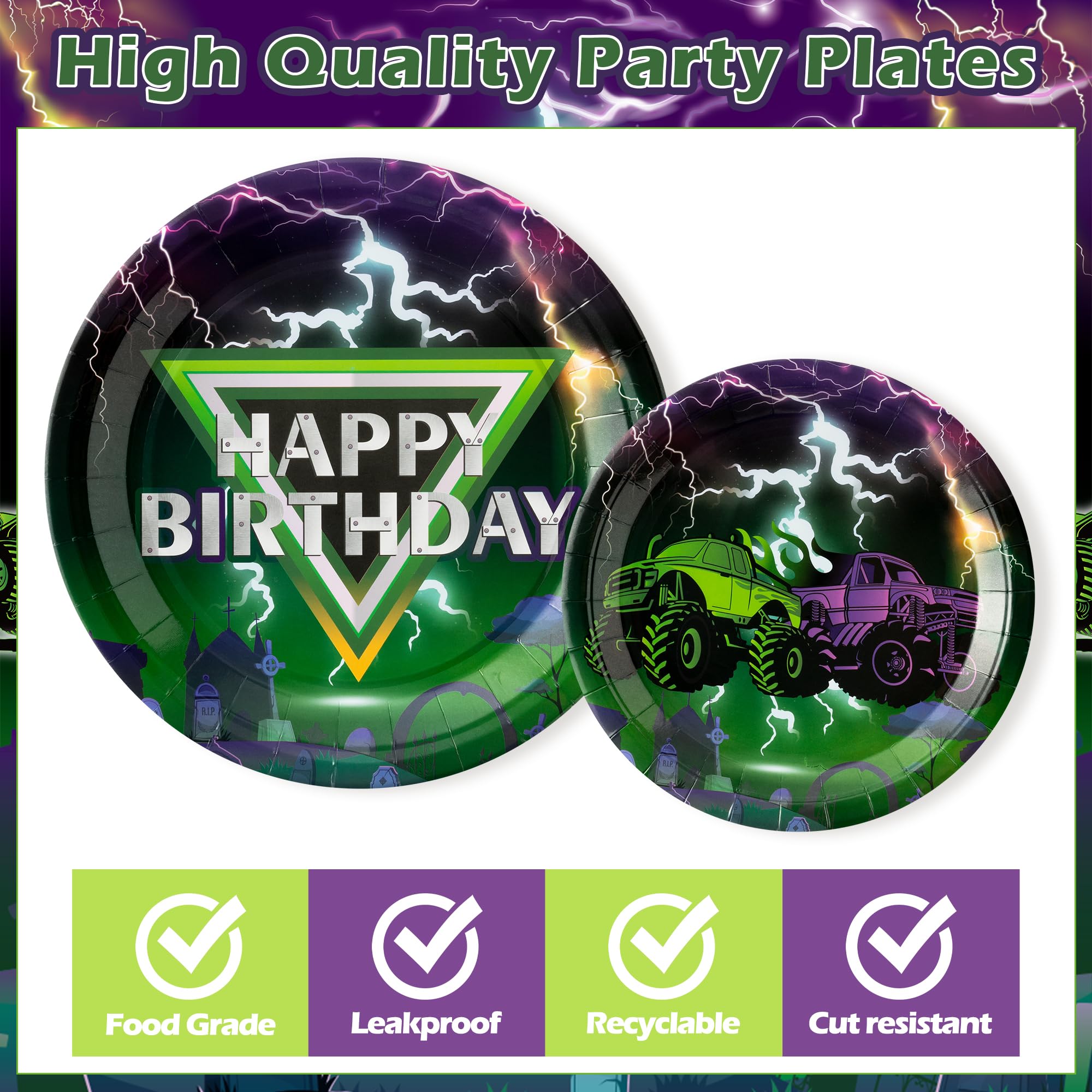 G1ngtar 96Pcs Monster Truck Party Plates Supplies Happy Birthday Green Purple Monster Truck Party Tableware Decorations Disposable Paper Plates Napkins Forks for Kids Birthday Baby Shower, Serves 24