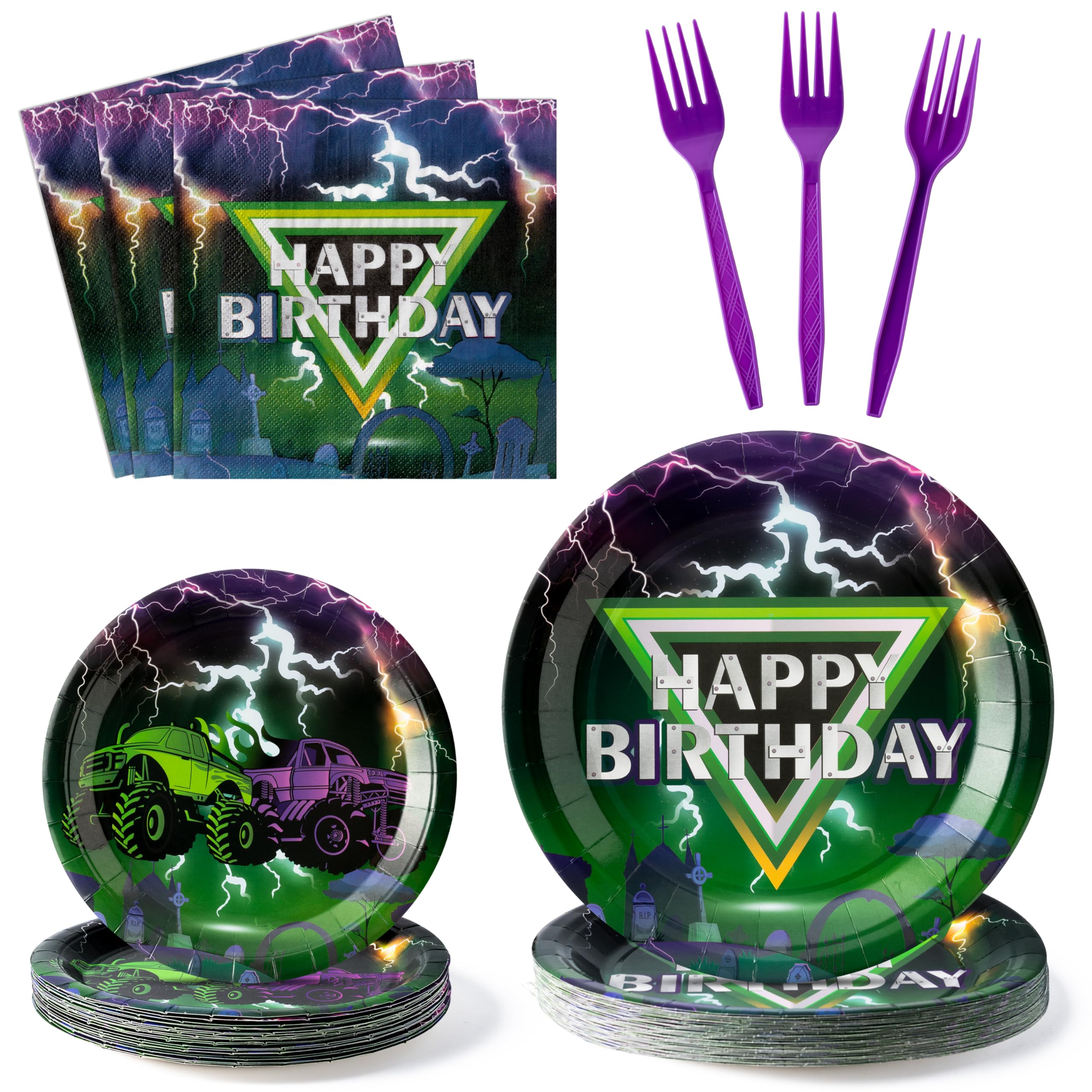 G1ngtar 96Pcs Monster Truck Party Plates Supplies Happy Birthday Green Purple Monster Truck Party Tableware Decorations Disposable Paper Plates Napkins Forks for Kids Birthday Baby Shower, Serves 24