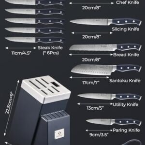 Knife Block Set, AMEGAT Knife Set with Advanced Self-Sharpening Technology, 14-Piece Waved Texture Kitchen Knife Set, Stainless Steel Knife Set with Block, Razor-Sharp Knives and Full Tang Handle