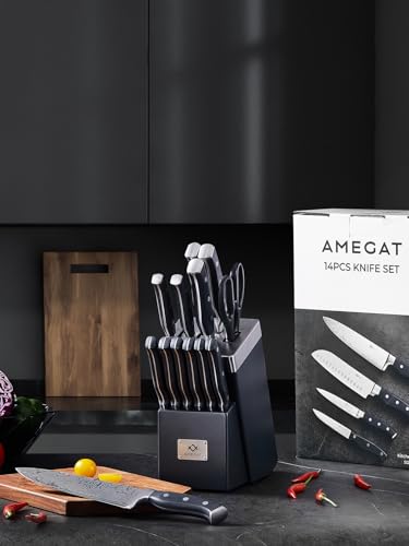 Knife Block Set, AMEGAT Knife Set with Advanced Self-Sharpening Technology, 14-Piece Waved Texture Kitchen Knife Set, Stainless Steel Knife Set with Block, Razor-Sharp Knives and Full Tang Handle