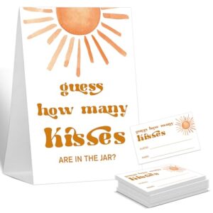 guess how many game guess how many kisses game, 1 standing sign and 50 cards, here comes the sun, sunshine gender neutral baby shower decoration, gender reveal party, bridal shower favor supplies-lt9