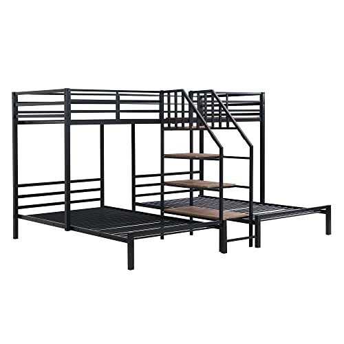 BOVZA Twin Size L-Shaped Metal Triple Bunk Bed with Storage Stairs, Twin Over Twin & Twin Triple Bunk Beds for 3 Kids Teens Girls Boys, Black