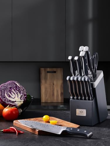 Knife Block Set, AMEGAT Knife Set with Advanced Self-Sharpening Technology, 14-Piece Waved Texture Kitchen Knife Set, Stainless Steel Knife Set with Block, Razor-Sharp Knives and Full Tang Handle