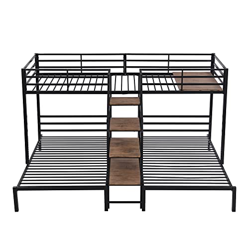 BOVZA Twin Size L-Shaped Metal Triple Bunk Bed with Storage Stairs, Twin Over Twin & Twin Triple Bunk Beds for 3 Kids Teens Girls Boys, Black