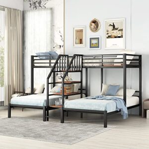 BOVZA Twin Size L-Shaped Metal Triple Bunk Bed with Storage Stairs, Twin Over Twin & Twin Triple Bunk Beds for 3 Kids Teens Girls Boys, Black